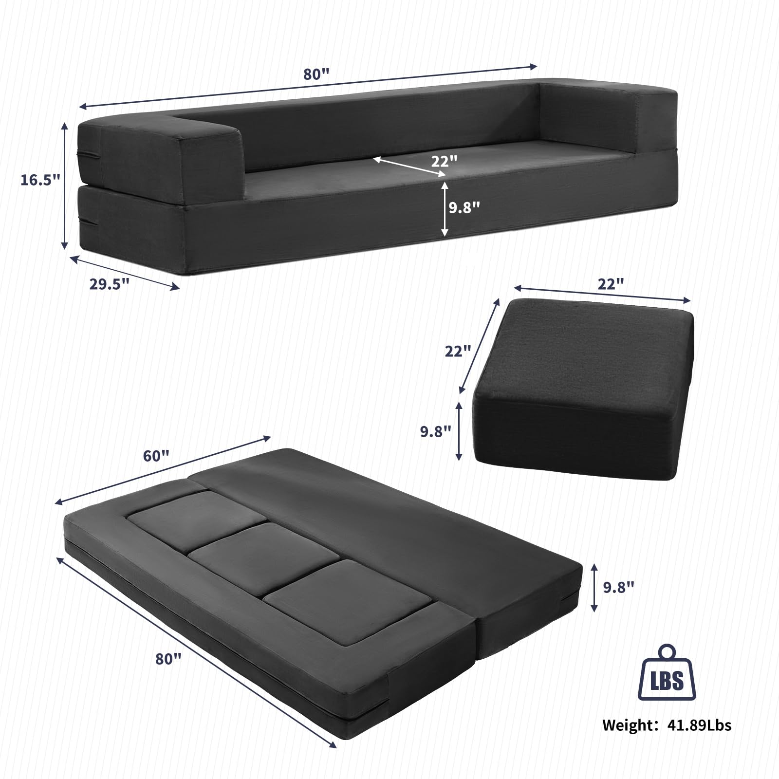 ijuicy Convertible Floor Sofa Bed, 9.8" Thick Futon Sleeper Foam Couch,Velvet Folding Sofa Bed with 3 Ottomans,Upholstered Fold Out Couch Bed, Multifunctional Mattress Sleeper Sofa-Dark Grey