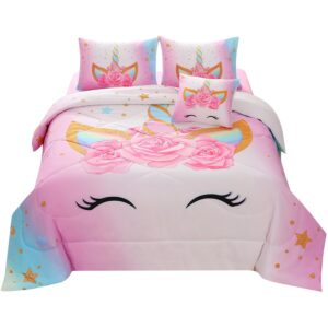 jqinhome unicorn twin bedding sets for girls kids,6 piece bed in a bag 3d colorful flower girl unicorn comforter set with sheet set