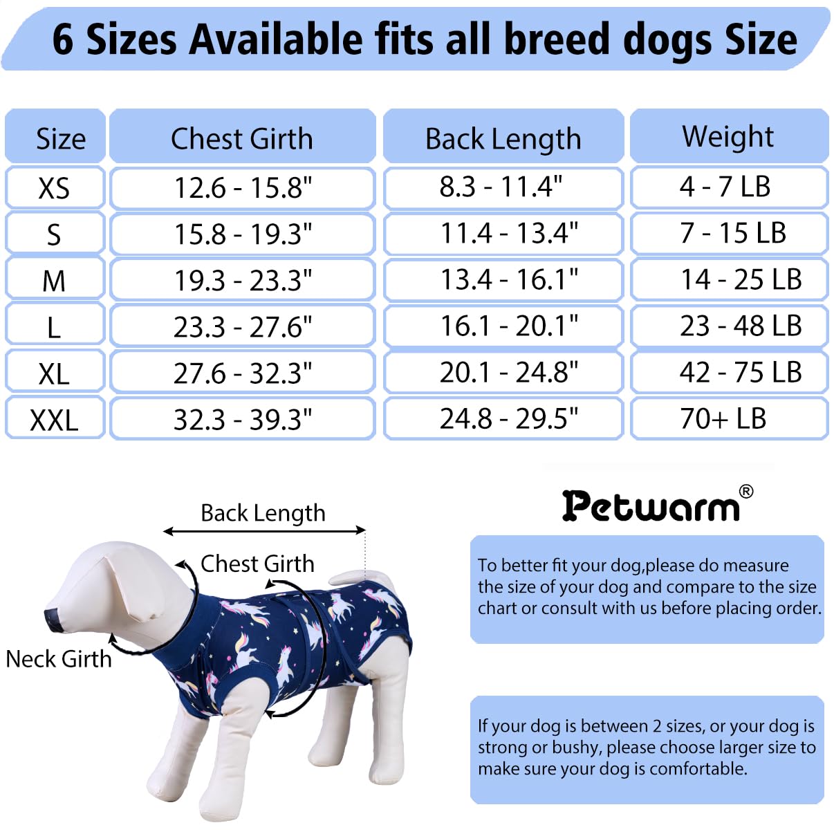 PetWarm Dog Onesie for Spay Neuter,Dog Recovery Suit,Anti-Licking Pet Surgical Recovery Snugly Suit Bodysuit for Abdominal Wounds Skin Disease Female Male Dog Bodysuit,Unicorn Pattern,Blue,XS