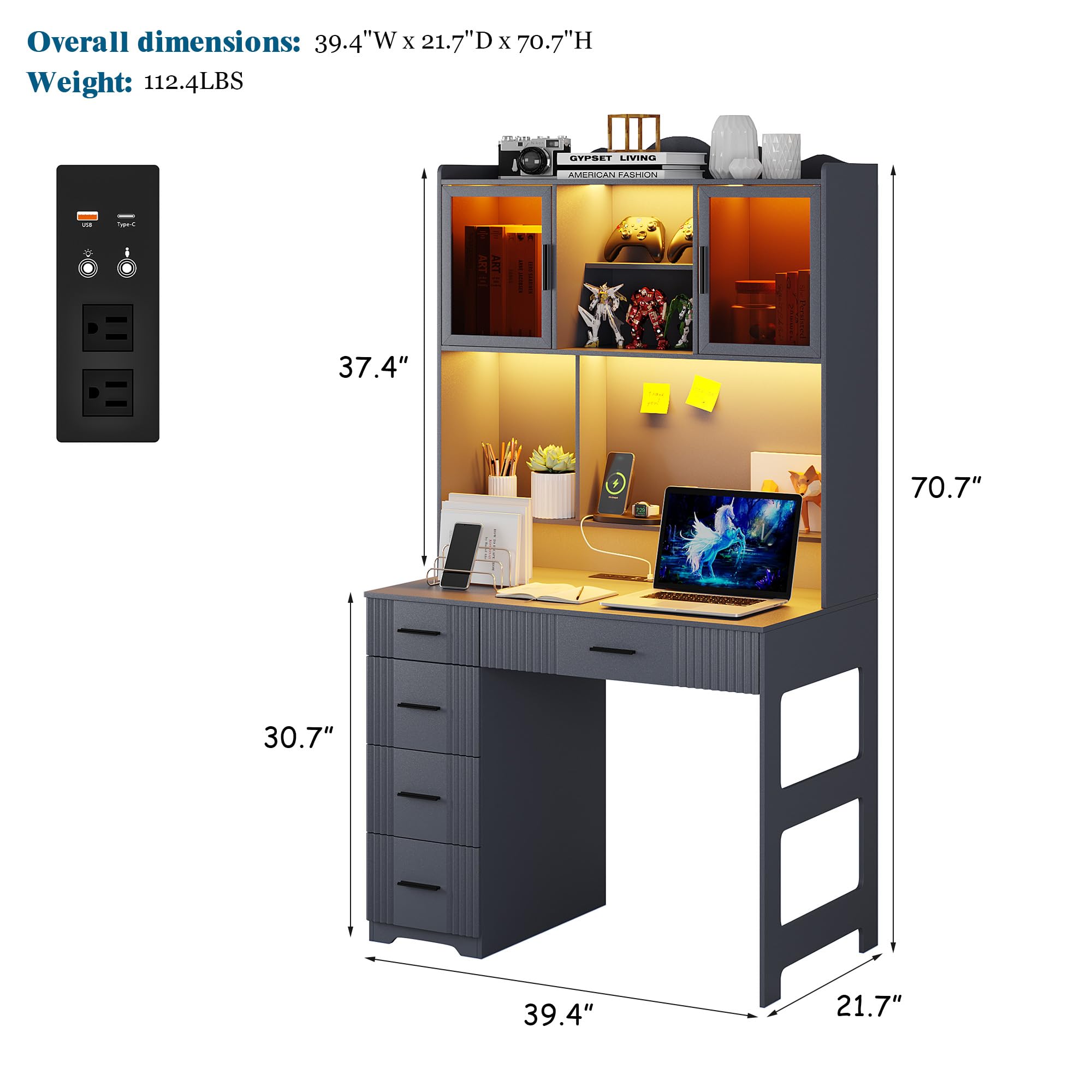 WOOVIVS LED Study Desk with Hutch and Drawer, Home Office Desk with Outlet, Computer Desk with USB Charging Station, Writing Desk for Bedroom, Workstation for Small Space (Grey)