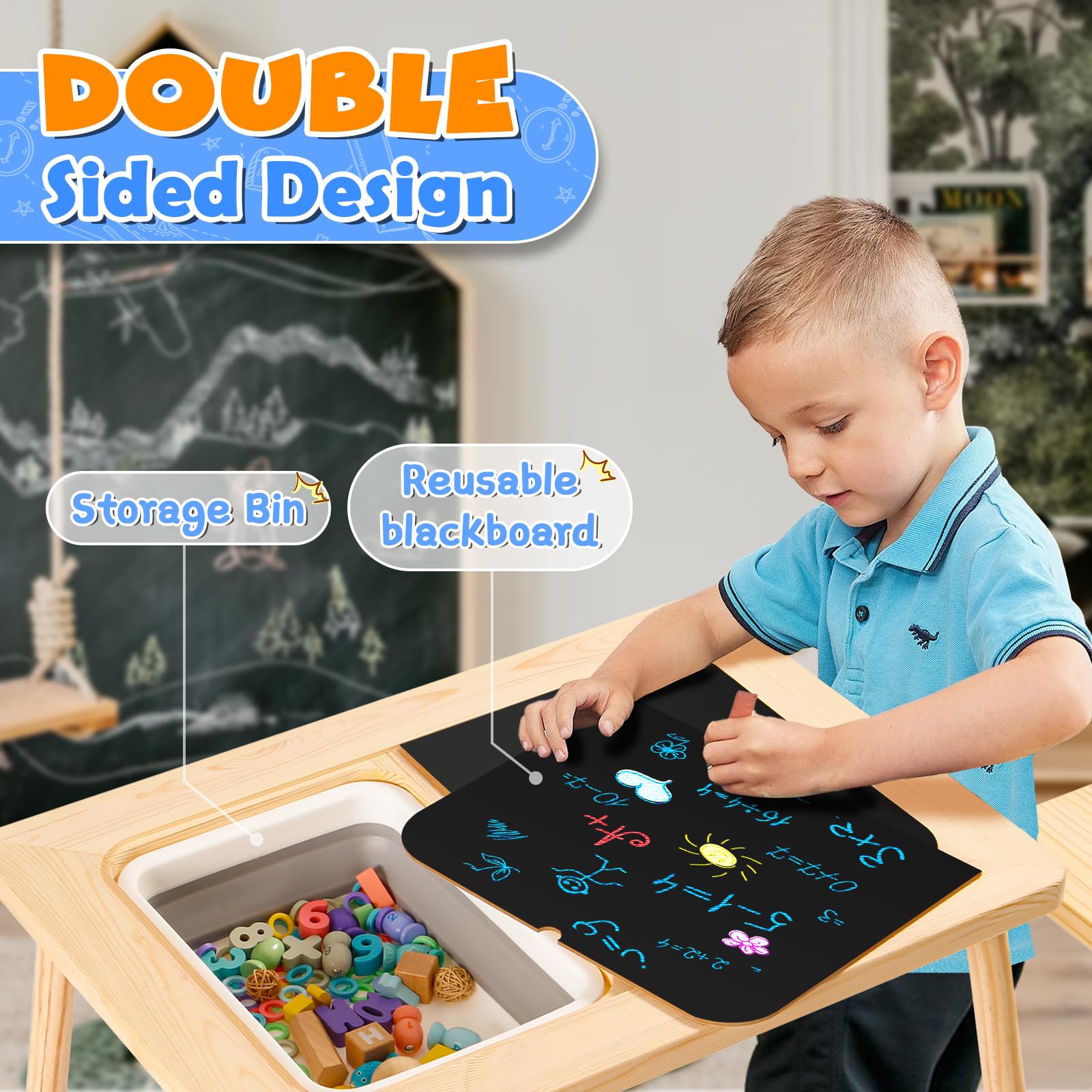 Purelax Children's Sensory Table with 2 Stool, Multifunction Toddler Play Sand Table Indoor Art Table Drawing Table for Kids, Toddler Sensory Table with 2 Storage Bin & 2 Stool