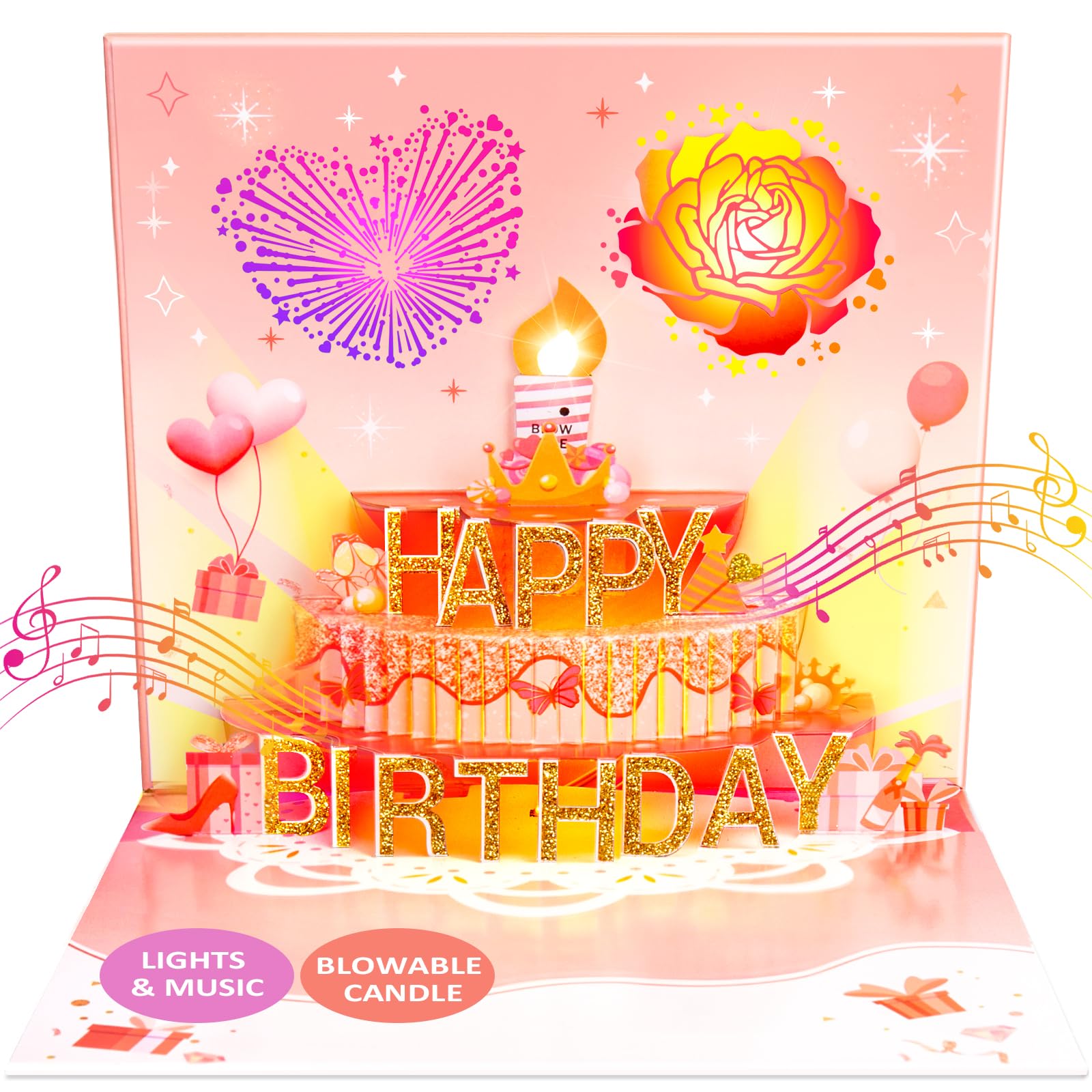 FITMITE Birthday Cards, Musical Pop up Happy Birthday Card with Light and Blowable Candle Birthday Gifts for Women Wife Sister Friends Kids, Birthday Greeting Cards With Envelopes-Rose Gold