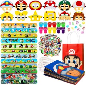 mario party favors,98pcs mario birthday party supplies include goodie bags,felt masks,stamps,slap bracelets,stickers,classroom rewards,carnival prizes,party activities,themed goodie bags stuffers