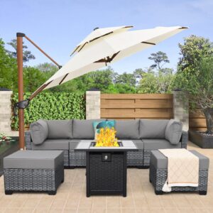 waroom patio furniture set 7 pieces gray rattan outdoor sectional sofa pe wicker conversation couch sets with propane fire pit table, anti-slip 5" thick grey cushion