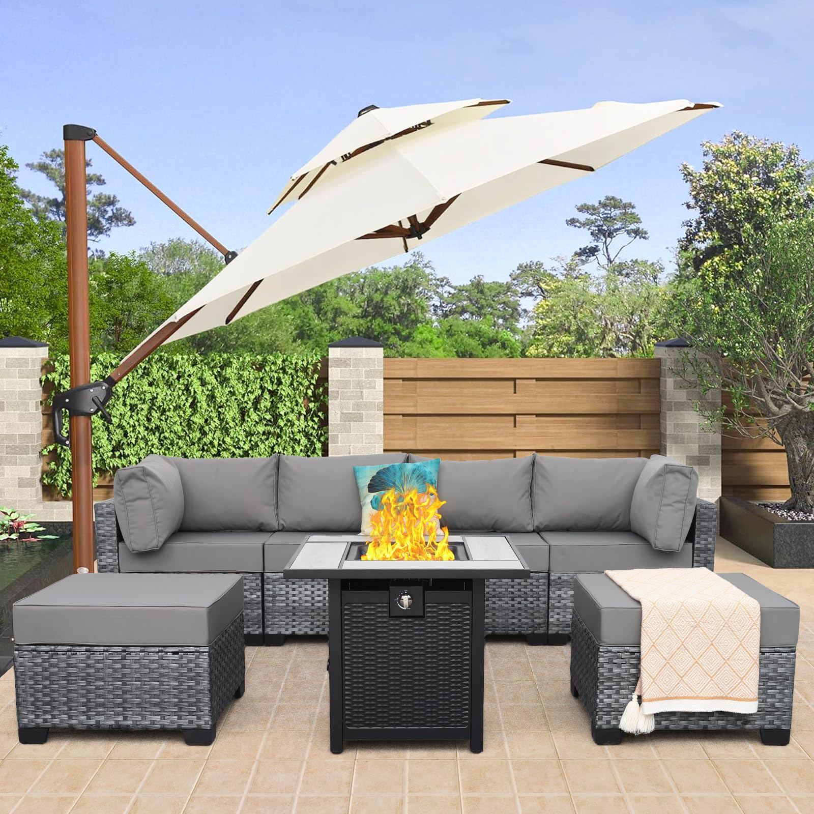 WAROOM Patio Furniture Set 7 Pieces Gray Rattan Outdoor Sectional Sofa PE Wicker Conversation Couch Sets with Propane Fire Pit Table, Anti-Slip 5" Thick Grey Cushion