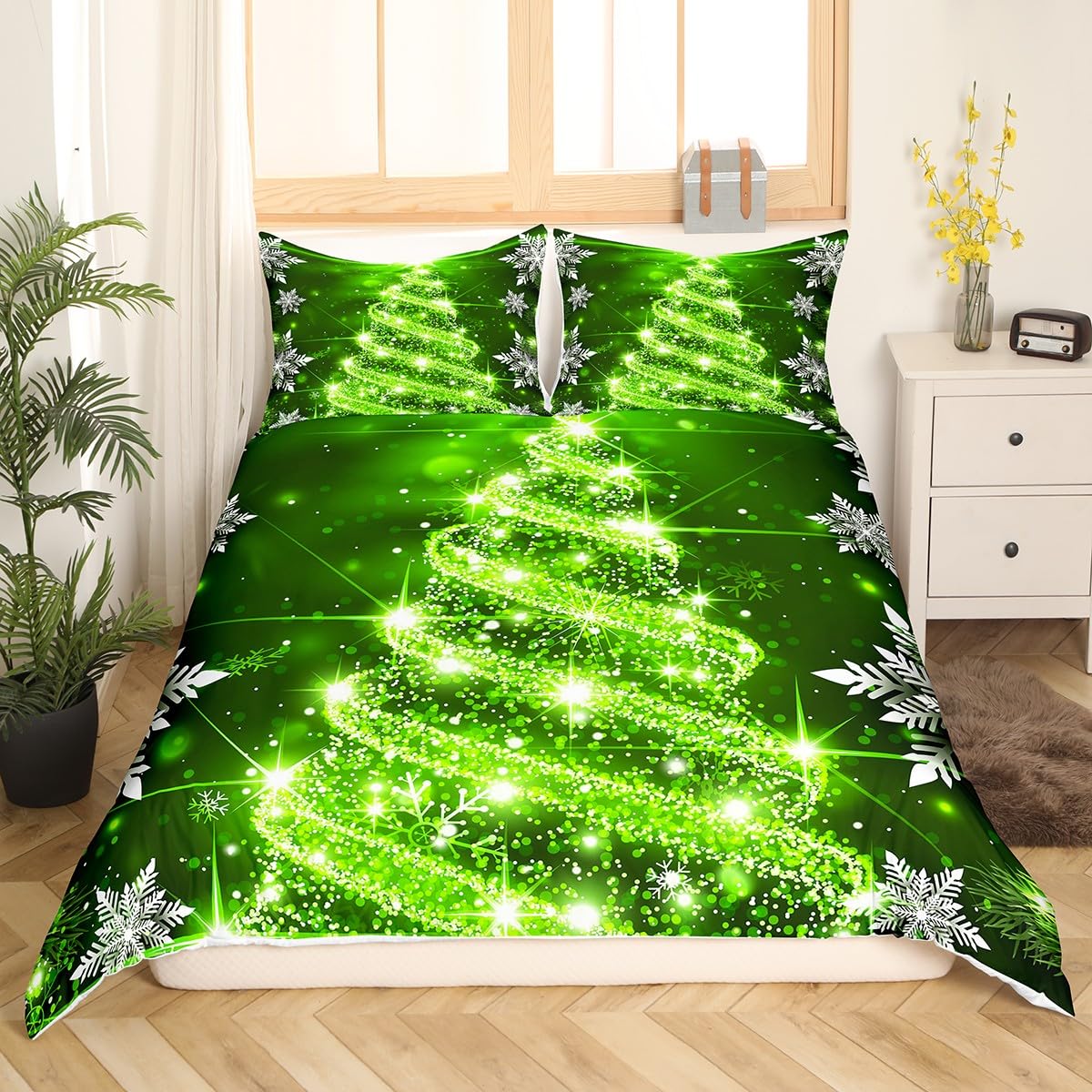 Erosebridal Green Christmas Tree Bedding Set Christmas Themed Duvet Cover 2 Piece Christmas Decor Comforter Cover White Snowflake Xmas Bedspread Cover Happy New Year Gifts Bedding Twin Size