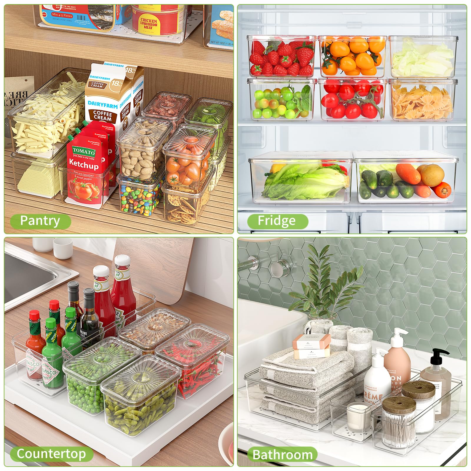 14 Pack Fridge Organizers Bins and Storage, PBA Free Refrigerator Organizer Bins with Lids, Stackable Food Storage Organizer Bins for Kitchen, Countertops, Cabinets, Fridge, Drinks, Fruits, Vegetable