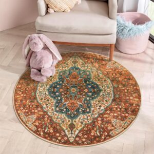 sivilife boho floral small round rugs, 2ft washable non-slip circle rug for bathroom, soft vintage orange tribal accent throw rug non shedding indoor coffee table mat for bedroom entrance office decor