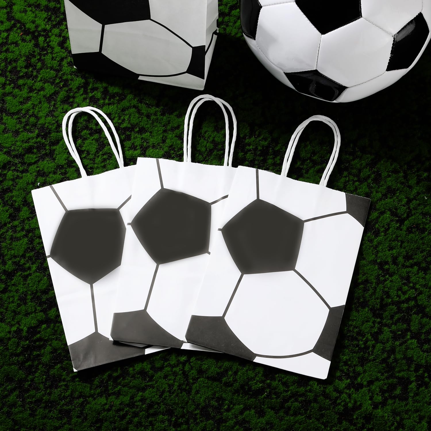 PEUTIER 16pcs Soccer Party Favor Paper Bags, Football Themed Party Gift Bags with Handles Soccer Goodie Bags Treat Candy Bags for Kids Adults Soccer Party Supplies (Style 2)