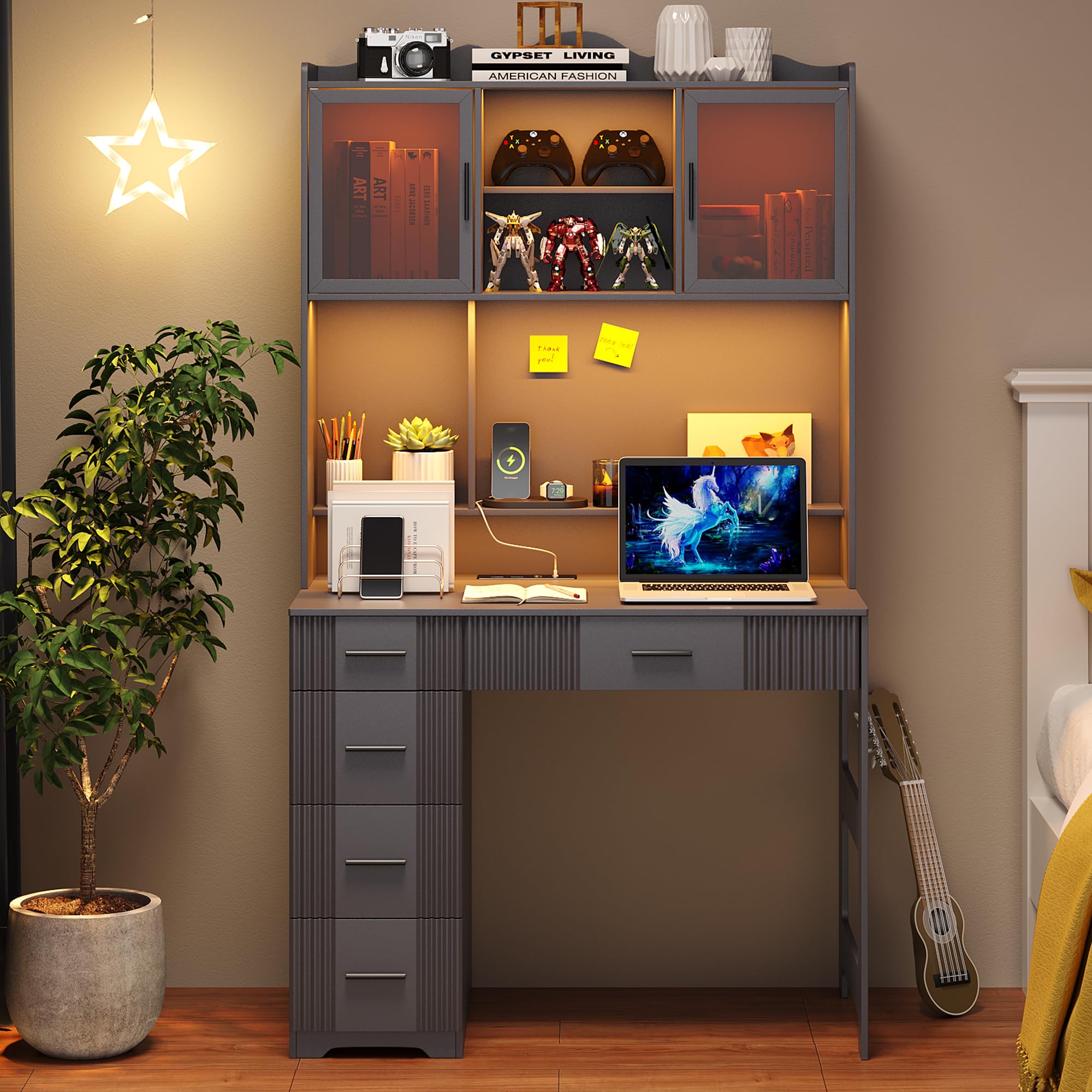 WOOVIVS LED Study Desk with Hutch and Drawer, Home Office Desk with Outlet, Computer Desk with USB Charging Station, Writing Desk for Bedroom, Workstation for Small Space (Grey)