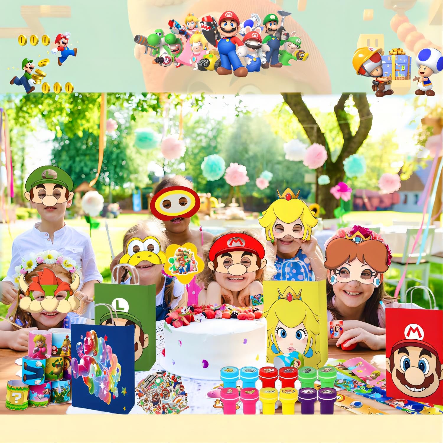 Mario Party Favors,98Pcs Mario Birthday Party Supplies include Goodie Bags,Felt Masks,Stamps,Slap Bracelets,Stickers,Classroom Rewards,Carnival Prizes,Party Activities,Themed Goodie Bags Stuffers