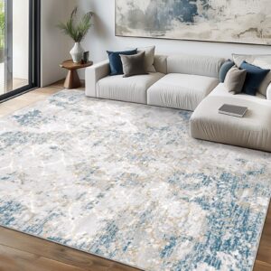 ruggnovea 8x10 area rugs 8x10, machine washable area rugs for living room, blue teal area rug with non slip dots for bedroom, low pile carpet with modern stripe printing, fade resistant area mats