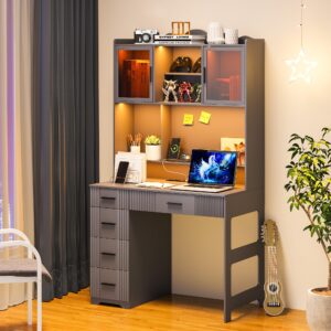 woovivs led study desk with hutch and drawer, home office desk with outlet, computer desk with usb charging station, writing desk for bedroom, workstation for small space (grey)