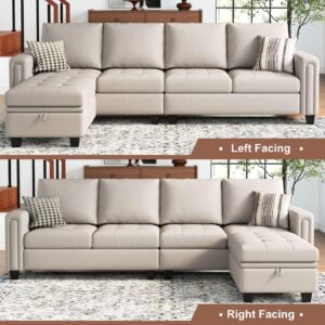 Belffin Faux Leather Convertible Sectional Sofa Couch L Shaped Couch Sofa with Reversible Chaise Leather Corner Sectional 4 Seat Sofa with Storage Ottoman Beige