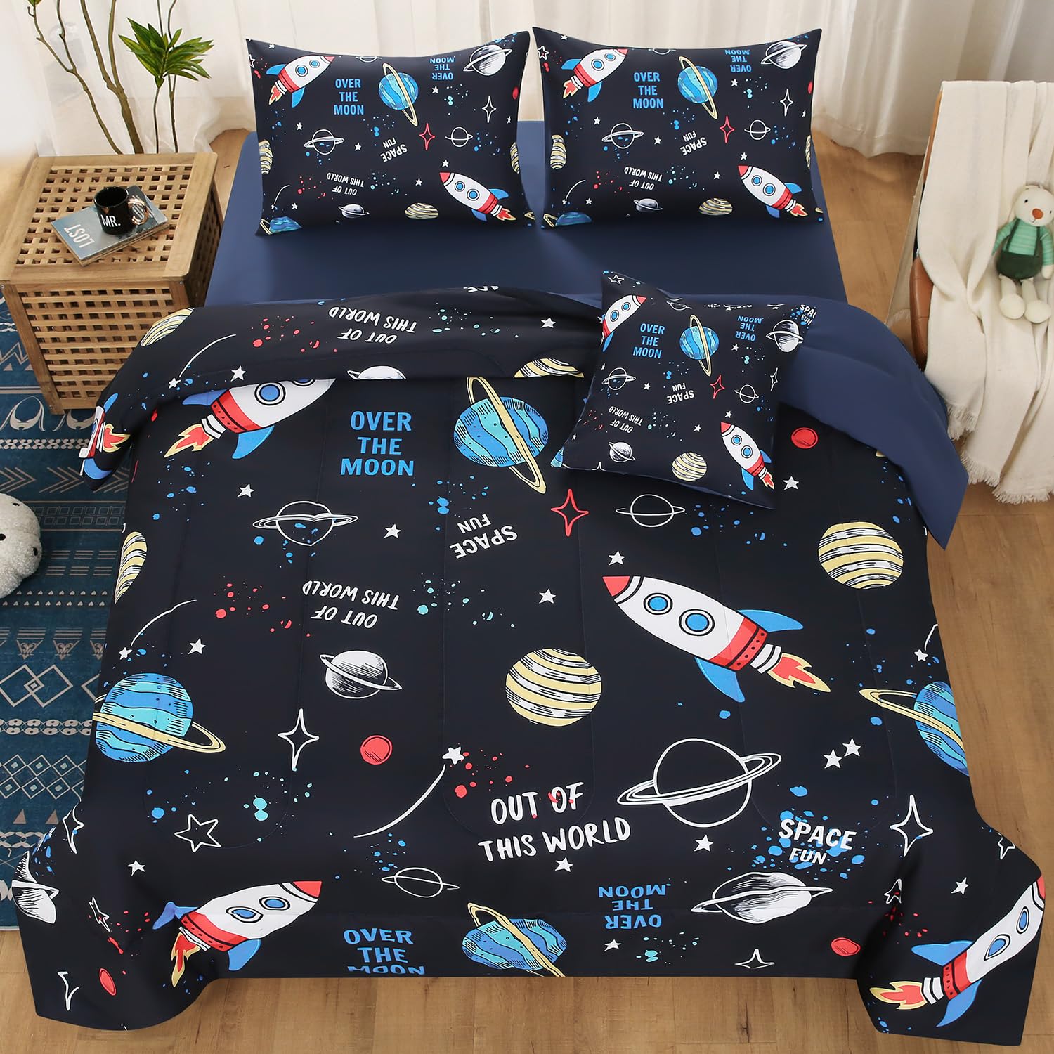 JQinHome Twin Space Comforter Set for Kids,6 Piece Bed in A Bag 3D Galaxy Space Rocket Planets Bedding Set for Teens Boys Girls with Pillowcases, Flat Sheet,Fitted Sheet, Cushion Cover