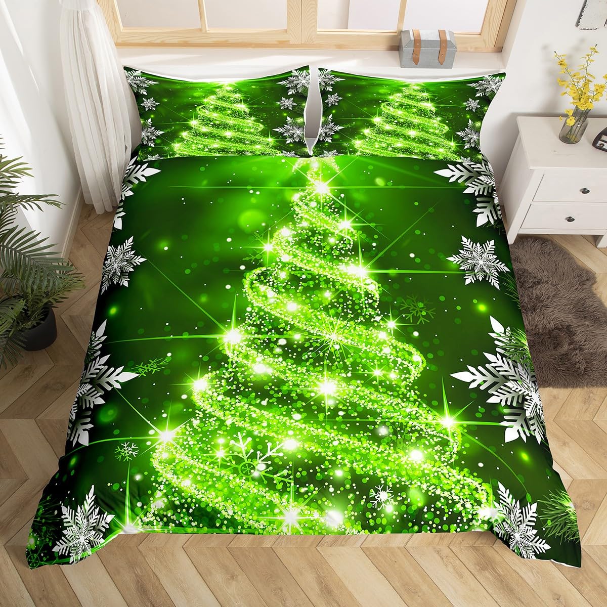 Erosebridal Green Christmas Tree Bedding Set Christmas Themed Duvet Cover 2 Piece Christmas Decor Comforter Cover White Snowflake Xmas Bedspread Cover Happy New Year Gifts Bedding Twin Size