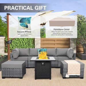 WAROOM Patio Furniture Set 7 Pieces Gray Rattan Outdoor Sectional Sofa PE Wicker Conversation Couch Sets with Propane Fire Pit Table, Anti-Slip 5" Thick Grey Cushion