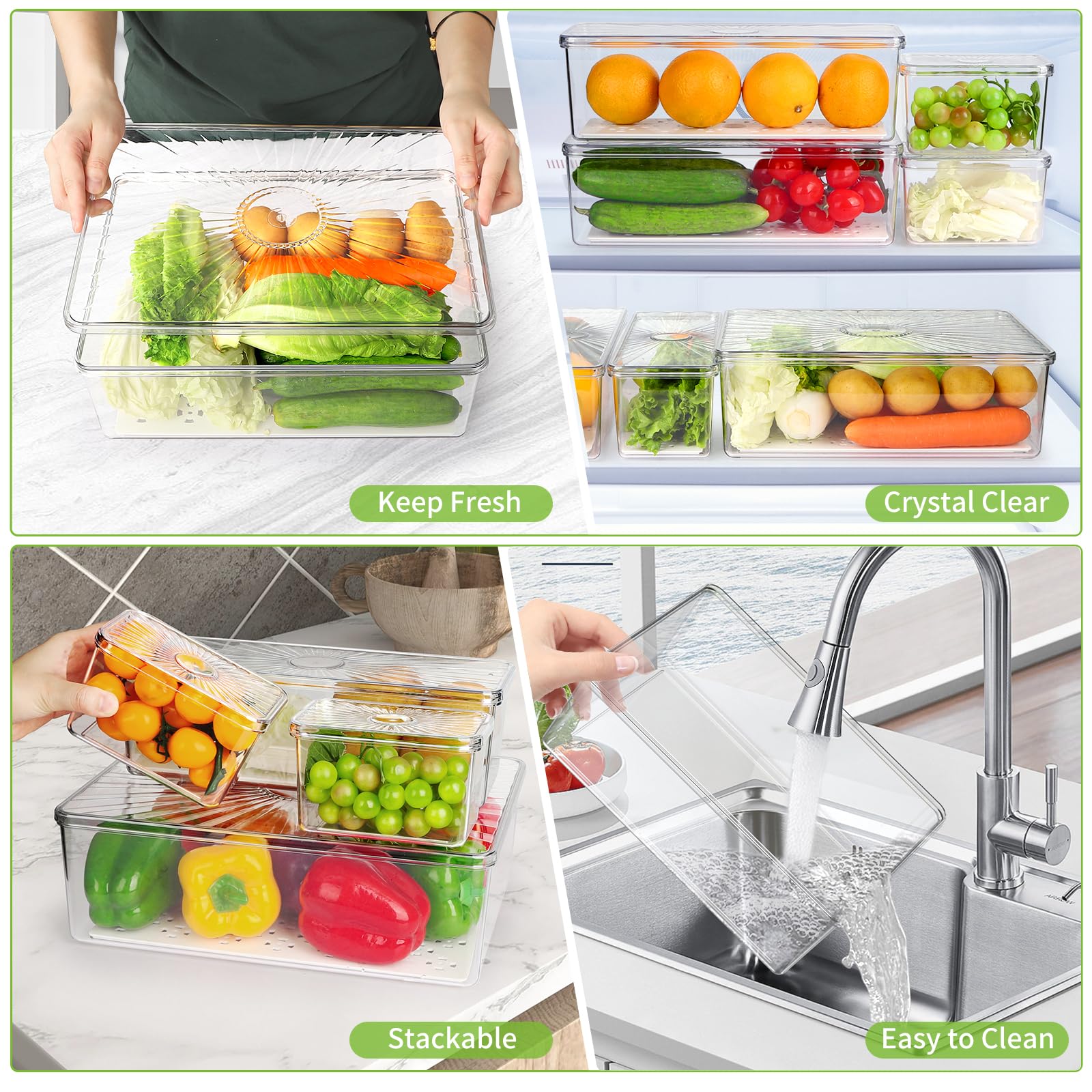 14 Pack Fridge Organizers Bins and Storage, PBA Free Refrigerator Organizer Bins with Lids, Stackable Food Storage Organizer Bins for Kitchen, Countertops, Cabinets, Fridge, Drinks, Fruits, Vegetable