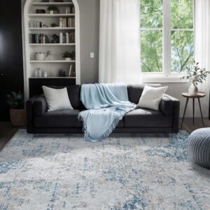 Ruggnovea 8x10 Area Rugs 8x10, Machine Washable Area Rugs for Living Room, Blue Teal Area Rug with Non Slip Dots for Bedroom, Low Pile Carpet with Modern Stripe Printing, Fade Resistant Area Mats