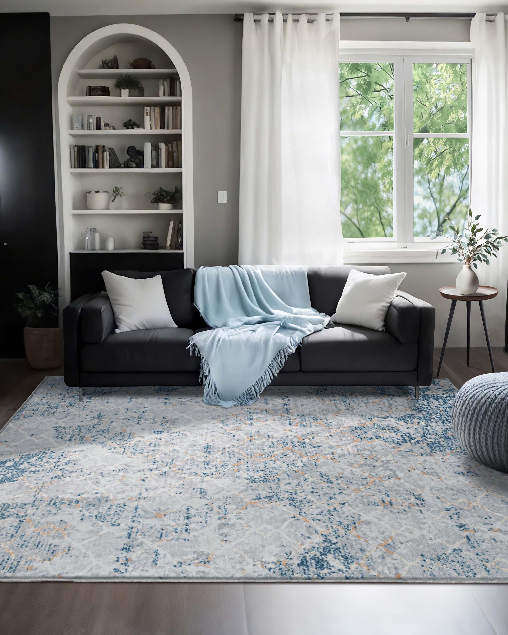 Ruggnovea 8x10 Area Rugs 8x10, Machine Washable Area Rugs for Living Room, Blue Teal Area Rug with Non Slip Dots for Bedroom, Low Pile Carpet with Modern Stripe Printing, Fade Resistant Area Mats