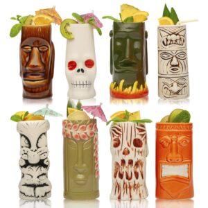 lemonsoda hard-carved and hand-painted tiki mugs assorted cocktail set of 8 - ceramic hawaiian luau party mugs drinkware, cute exotic cocktail glasses, tiki bar hawaiian party barware - 18-23.5oz