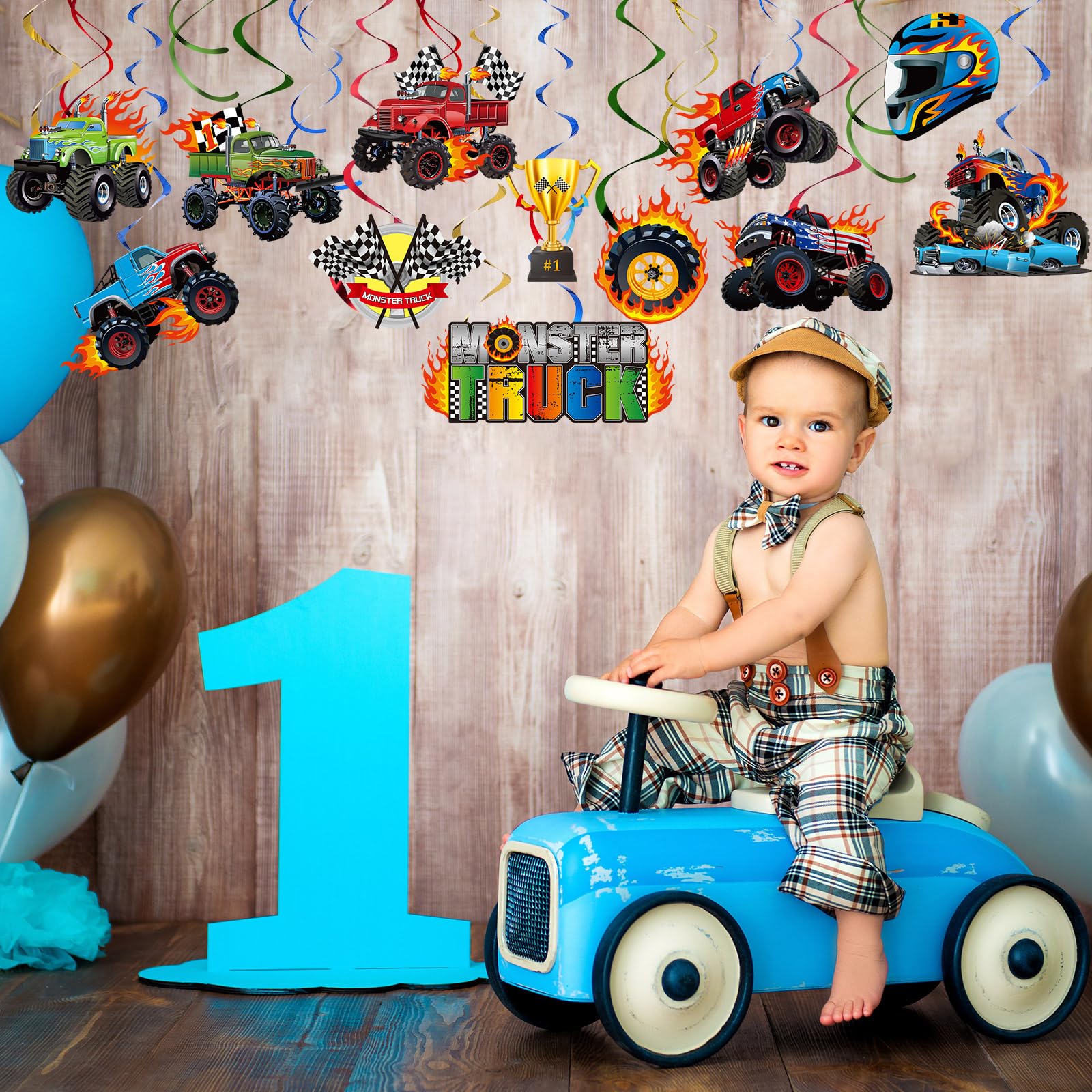 Capoda 54 Pieces Monster Truck Hanging Foil Swirls Truck Birthday Party Decoration Set Truck Theme Paper Hanging Cutouts for Boys Car Transportation Party Supplies Baby Shower Home Wall Ceiling Decor