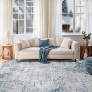 Ruggnovea 8x10 Area Rugs 8x10, Machine Washable Area Rugs for Living Room, Blue Teal Area Rug with Non Slip Dots for Bedroom, Low Pile Carpet with Modern Stripe Printing, Fade Resistant Area Mats