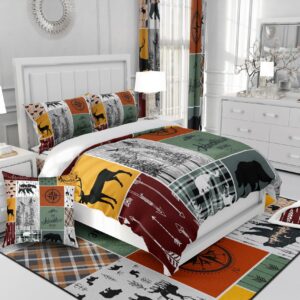 Cabin Retro Rustic Lodge Duvet Cover, Bear Deer Country Bedding Set Twin, Hunting Wild Animal Comforter Cover Plaid Check Adventure Themed Quilt Cover For Kids Boys Teens Adult Men Bedroom Decor