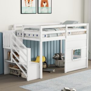 harper & bright designs twin size low loft bed with stairs,wood loft bed for kids,loft bed twin with window design, space-saving twin bed for girls boys,white