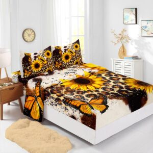 bsntho leopard print sheet set twin size 4 piece, sunflower sheets for girls boys kids teens with 2 pillowcases and 16" deep pocket, butterfly bedding set microfiber ultra soft skin friendly