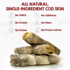 Riley's Cod Skins for Dogs - Air Dried Single Ingredient Dog Treats - Short, Hand Wrapped Cod Skin Dog Treats - Sustainably Caught in Iceland - 3 Pack 5 inch Chew Sticks