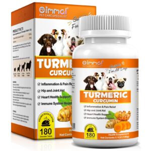 turmeric for dogs, 180 turmeric curcumin tablets supports heart, immune system booster, hip & joint support, dog pain relief, pet supplement treats w/fish oil, curcumin c3-180 tablets / 5.1 oz