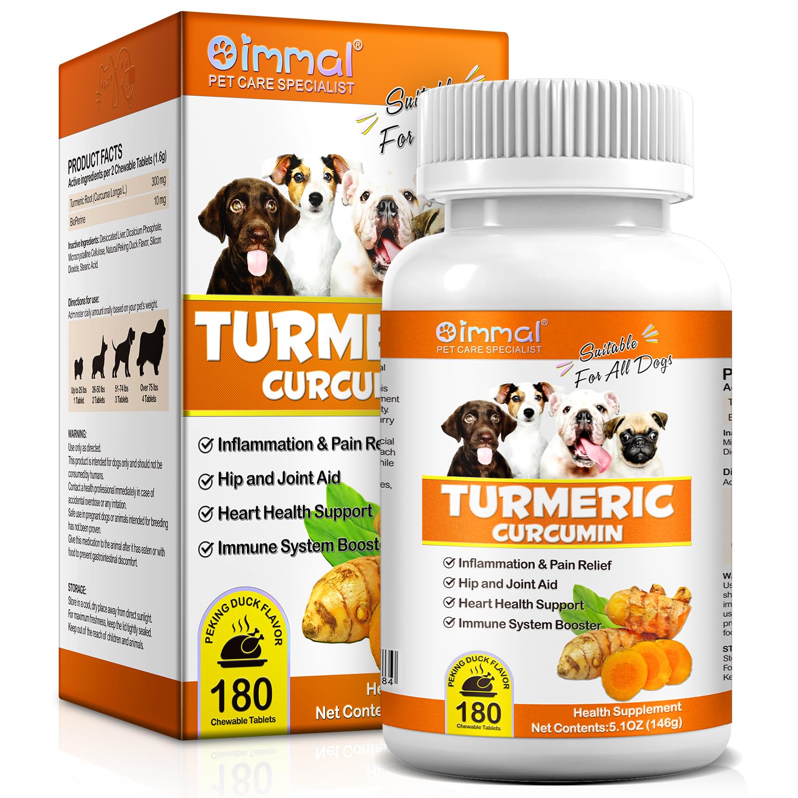 Turmeric for Dogs, 180 Turmeric Curcumin Tablets Supports Heart, Immune System Booster, Hip & Joint Support, Dog Pain Relief, Pet Supplement Treats w/Fish Oil, Curcumin C3-180 Tablets / 5.1 OZ