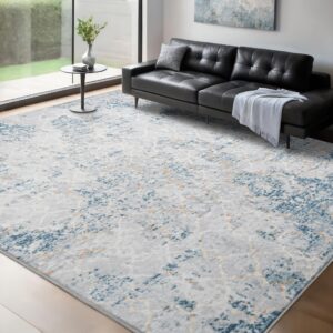 Ruggnovea 8x10 Area Rugs 8x10, Machine Washable Area Rugs for Living Room, Blue Teal Area Rug with Non Slip Dots for Bedroom, Low Pile Carpet with Modern Stripe Printing, Fade Resistant Area Mats