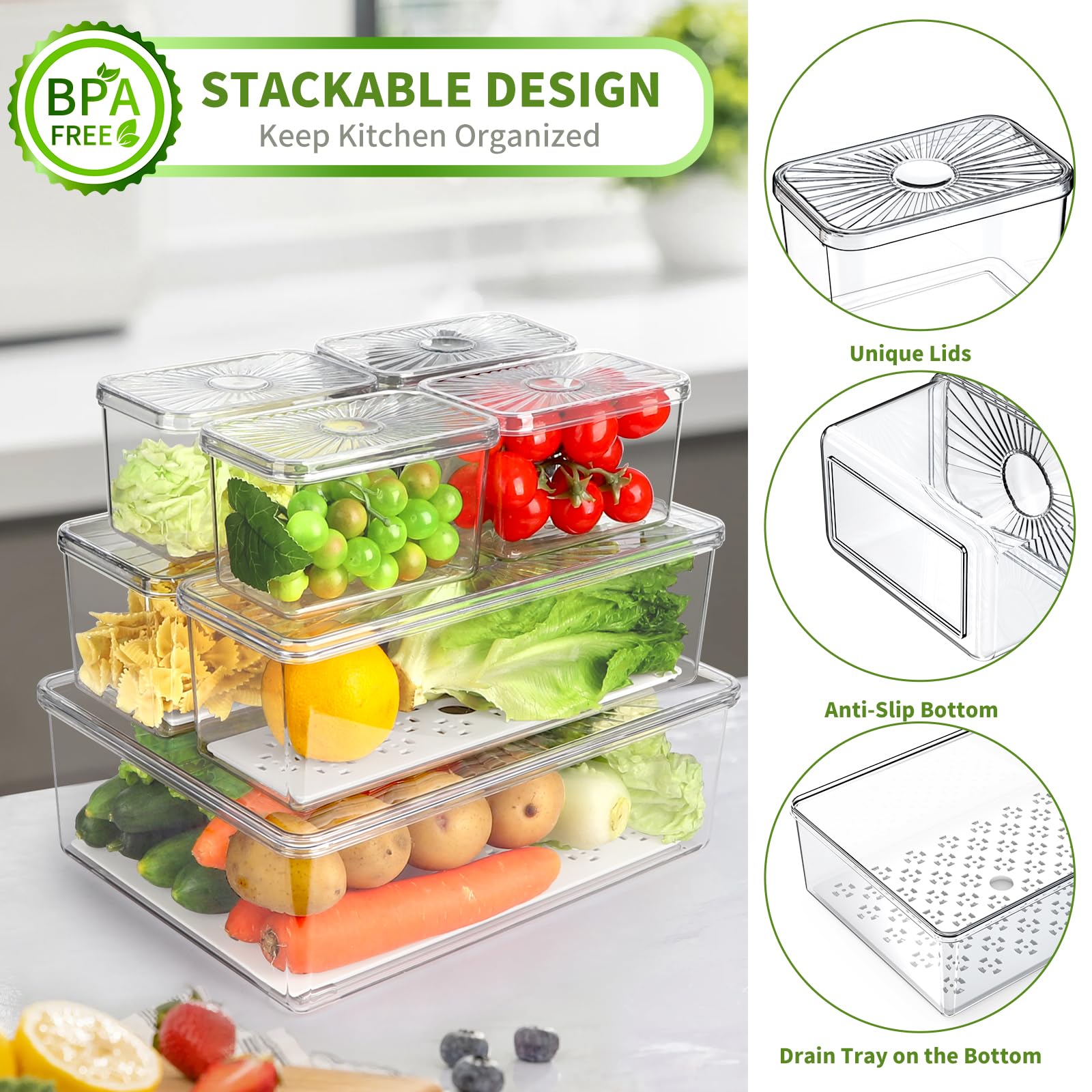 14 Pack Fridge Organizers Bins and Storage, PBA Free Refrigerator Organizer Bins with Lids, Stackable Food Storage Organizer Bins for Kitchen, Countertops, Cabinets, Fridge, Drinks, Fruits, Vegetable