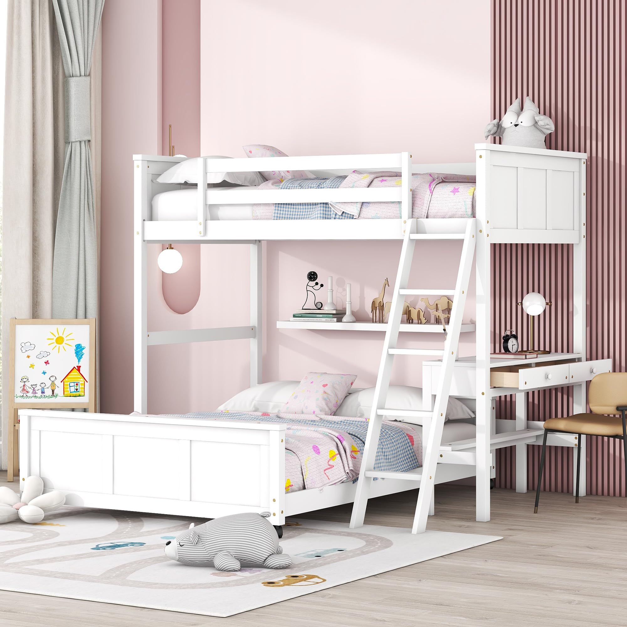 SOFTSEA L-Shaped Loft Bunk Bed with Small Desk 2 Beds in One Solid Wood Bunk Beds with 4 Wheels