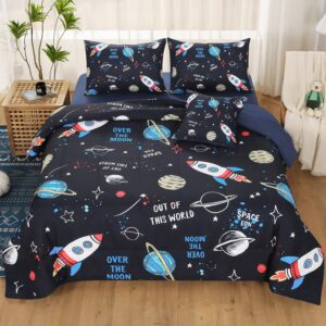 jqinhome twin space comforter set for kids,6 piece bed in a bag 3d galaxy space rocket planets bedding set for teens boys girls with pillowcases, flat sheet,fitted sheet, cushion cover