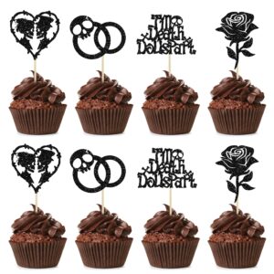 24pcs halloween bachelorette cupcake toppers black glitter boo to be ring bride or die skull heart blood cake picks horror ghost engagement party decorations