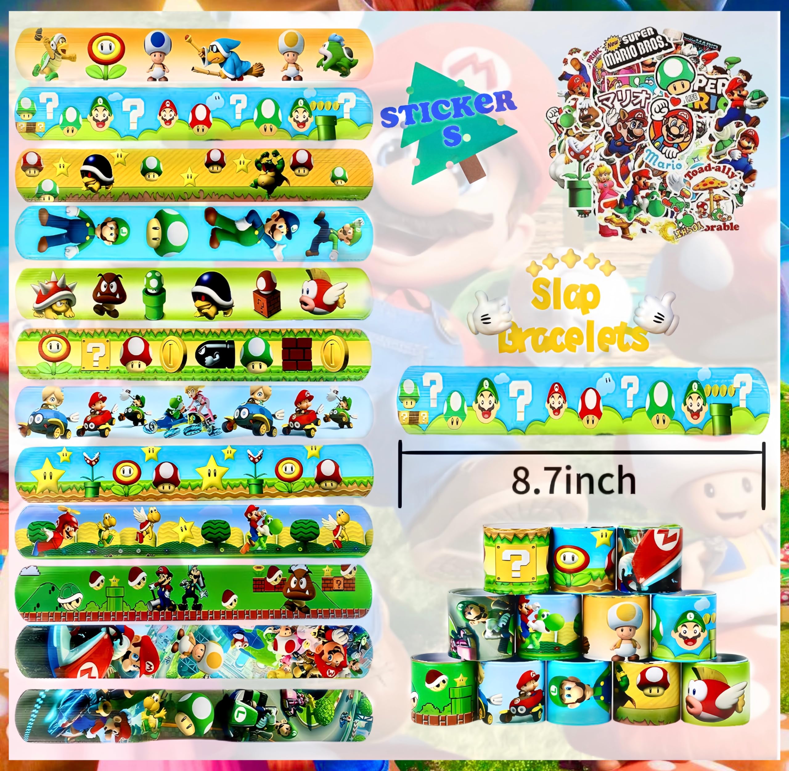 Mario Party Favors,98Pcs Mario Birthday Party Supplies include Goodie Bags,Felt Masks,Stamps,Slap Bracelets,Stickers,Classroom Rewards,Carnival Prizes,Party Activities,Themed Goodie Bags Stuffers