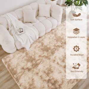 Litanika 4x6 Shag Area Rug for Living Room Bedroom, Tie-Dyed Beige Fluffy Shaggy Fuzzy Nursery Kids Girls Boys Room Rug, Cream Soft Plush Furry Bedside Carpet, Non-Slip, Non-Shedding Indoor Floor Rug