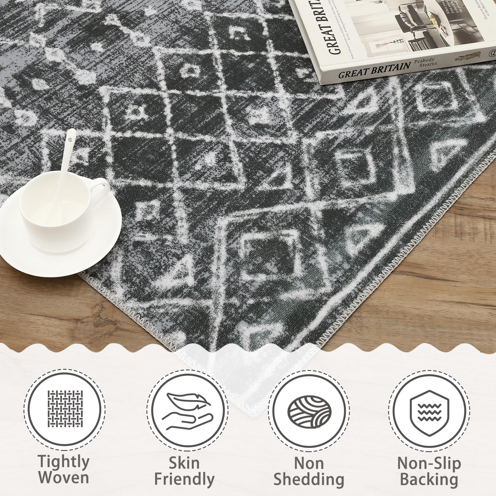 ROYHOME Area Rug 5x7 Boho Distressed Machine Washable Modern Geometric Moroccan Carpet Rug Stain Resistant Non-Slip Accent Rug Coffee Table Rug Farmhouse Dining Office Bedroom Decor, Black