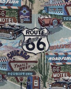 fabric empire - classic retro route 66 inspired tapestry fabric, motel, diner, gas station theme - 56" w, sold by the continuous yard, tote bags, accent pillows, upholstery (large, route 66 logo)