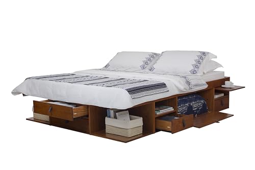 memomad Bali Slim Set: Storage Platform Bed with Drawers + Flat Panel Headboard (Queen Size, Caramel Brown Wood)