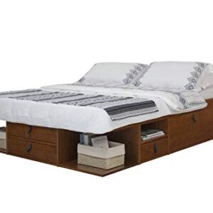 memomad Bali Slim Set: Storage Platform Bed with Drawers + Flat Panel Headboard (Queen Size, Caramel Brown Wood)