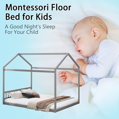 LostCat Queen Size Kids House Bed Frame with Headboard, Wooden Montessori Floor Bed Kids Bed Frame, House Platform Bed for Kids Boys Girls, Wooden Slat Support/No Box Spring Needed, Gray