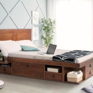 memomad Bali Slim Set: Storage Platform Bed with Drawers + Flat Panel Headboard (Queen Size, Caramel Brown Wood)