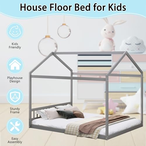 LostCat Queen Size Kids House Bed Frame with Headboard, Wooden Montessori Floor Bed Kids Bed Frame, House Platform Bed for Kids Boys Girls, Wooden Slat Support/No Box Spring Needed, Gray