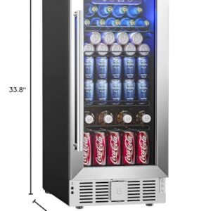 EUHOMY 15 Inch Beverage Refrigerator Cooler Under Counter 127 Cans Beverage Fridge Built-in or Freestanding with Glass Door, LED Light, Beer Fridge for Soda, Water, Wine - Home Kitchen Bar.