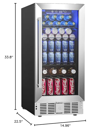 EUHOMY 15 Inch Beverage Refrigerator Cooler Under Counter 127 Cans Beverage Fridge Built-in or Freestanding with Glass Door, LED Light, Beer Fridge for Soda, Water, Wine - Home Kitchen Bar.