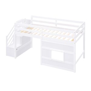 Bellemave Twin Size Low Loft Bed for Kids,Twin Loft Bed with Storage Staircase and Window,Wooden Bed Frame for Teens, Boys, Girls(White)